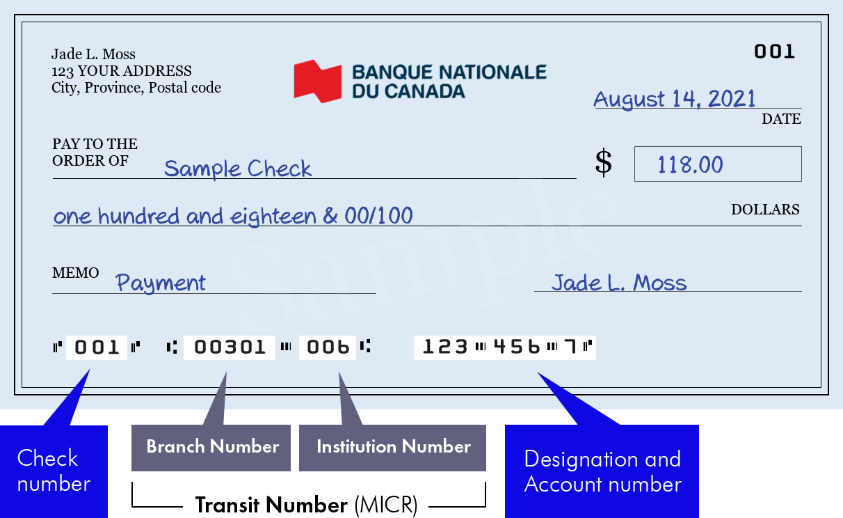 00301-006 — Transit Number for the Banque Nationale Du Canada in Brossard