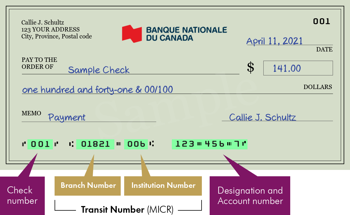 01821-006 — Transit Number for the Banque Nationale Du Canada in Montreal