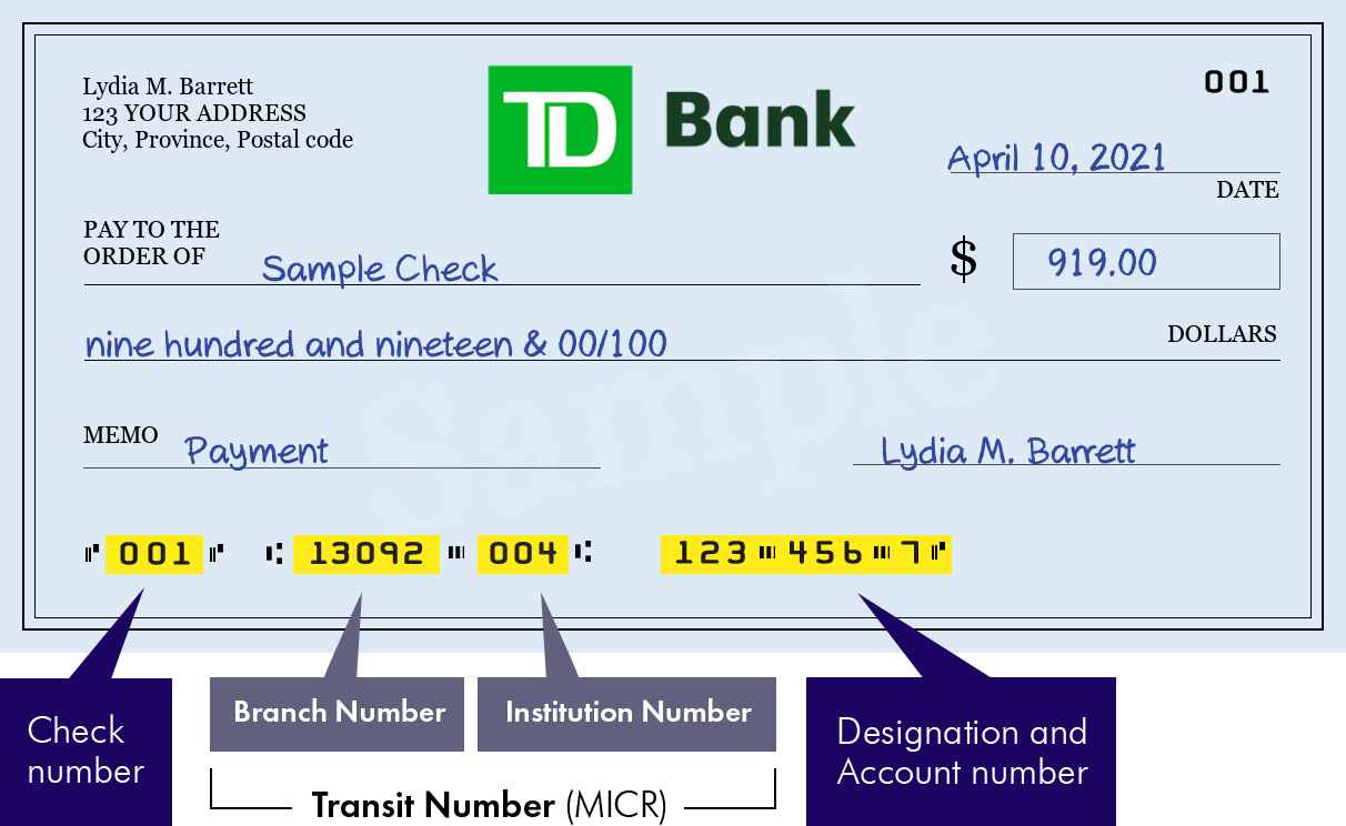 13092-004 — Transit Number for the The Toronto-dominion Bank in Mississauga