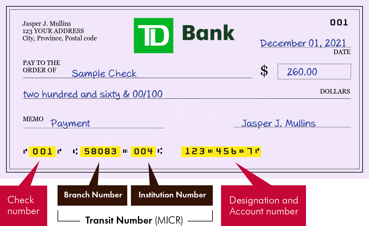 58083-004 — Transit Number for the The Toronto-dominion Bank in St John's